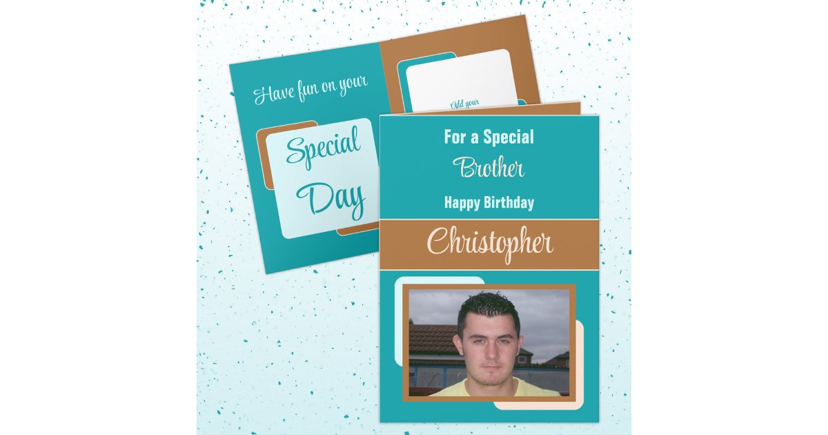 Brother name photo turquoise brown birthday card | Zazzle