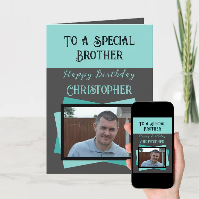 Brother photo name grey turquoise birthday card | Zazzle