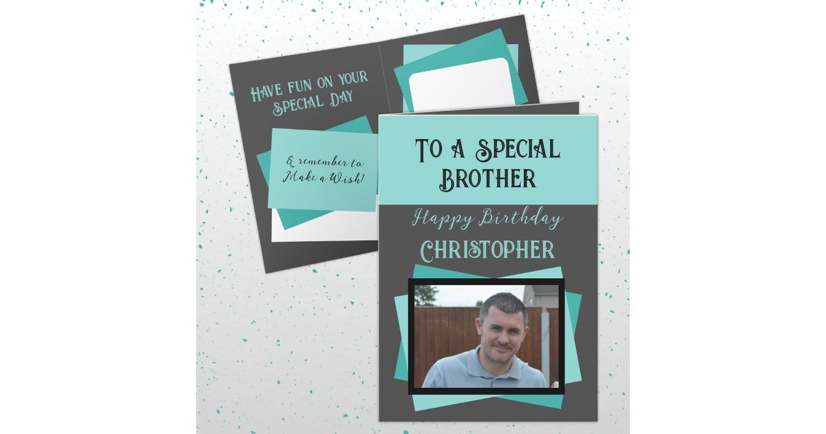 Brother photo name grey turquoise birthday card | Zazzle