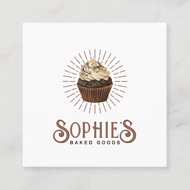 Brown Baker Bakery Cupcake Logo Vintage Typography Square Business Card | Zazzle