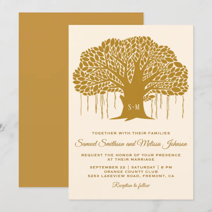 Brown Banyan Tree Monogram Wedding Invitation | Zazzle