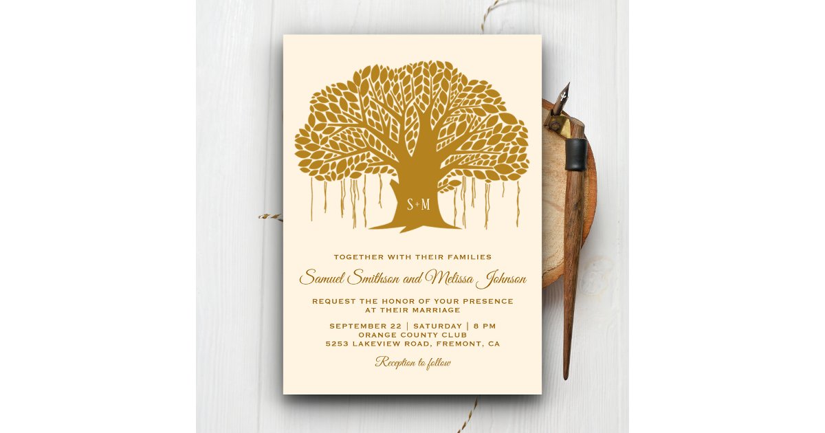 Brown Banyan Tree Monogram Wedding Invitation | Zazzle