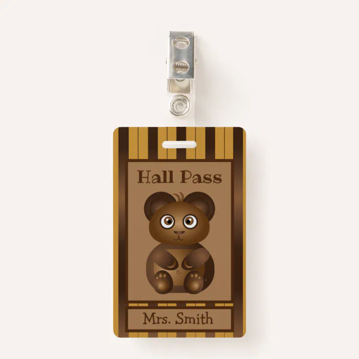 Brown bear kindergarten student hall pass badge | Zazzle