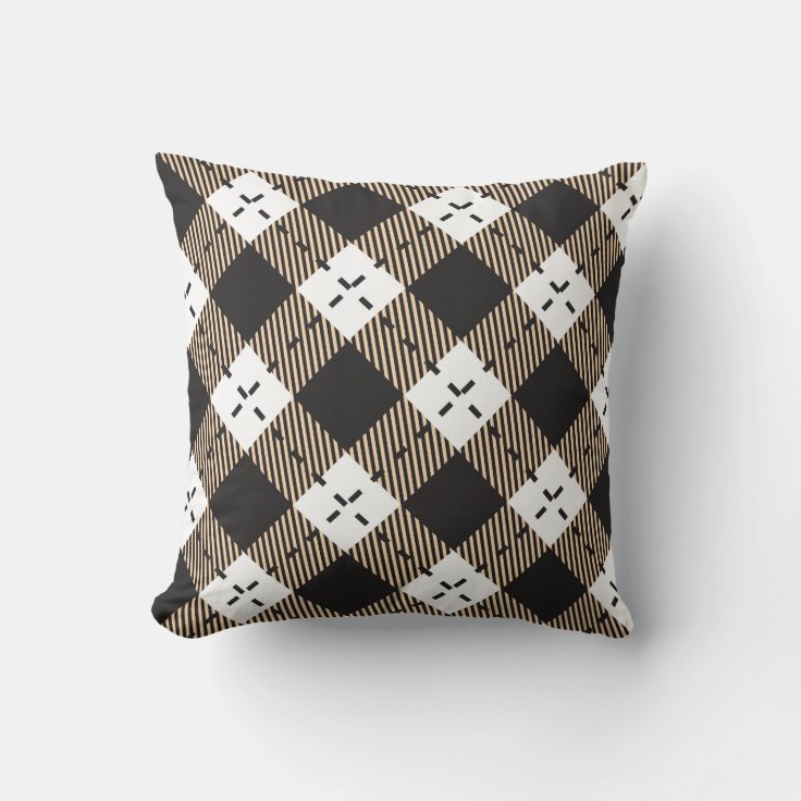Brown beige and white plaid pattern throw pillow | Zazzle