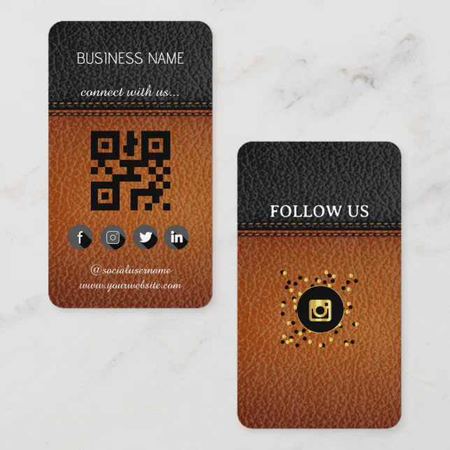 Brown-Black Leather Design-Social Media QR Code Business Card | Zazzle