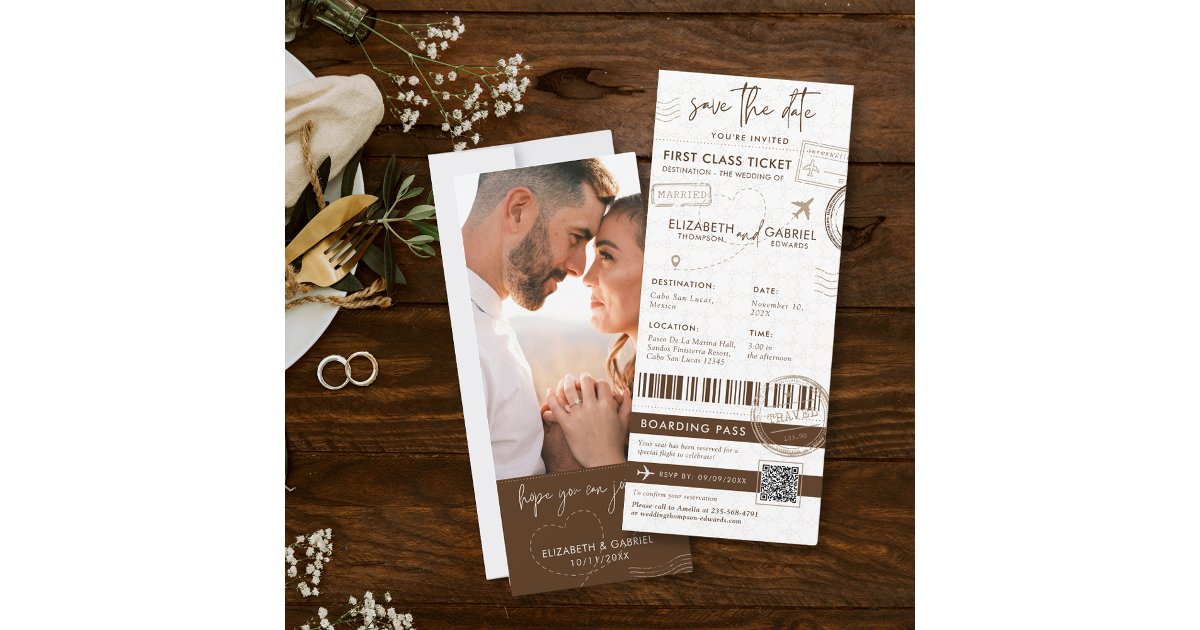Brown Boarding Pass Destination Photo Wedding Invitation | Zazzle