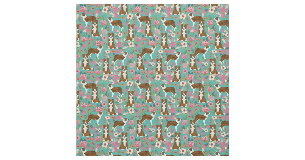 brown border collie dog vintage florals turquoise fabric | Zazzle