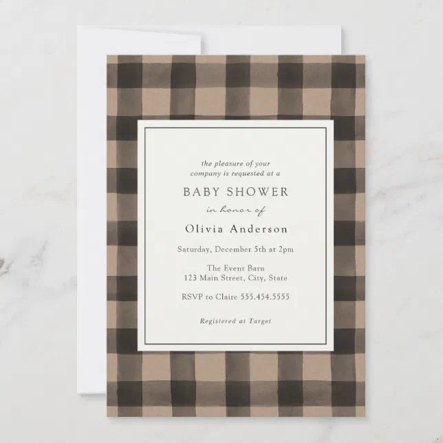 Brown Buffalo Plaid Baby Shower Invitation | Zazzle
