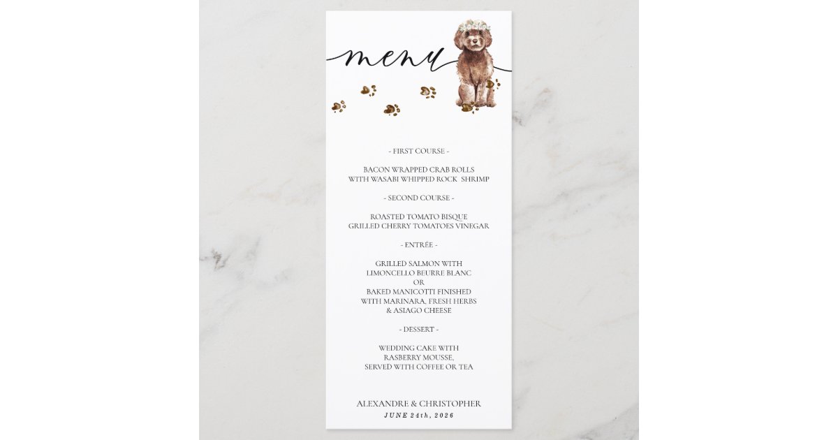 Brown Cavapoo puppy Dog Wedding Party Menu | Zazzle