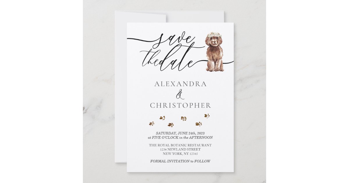 Brown Cavapoo puppy Wedding Calligraphy script Save The Date | Zazzle