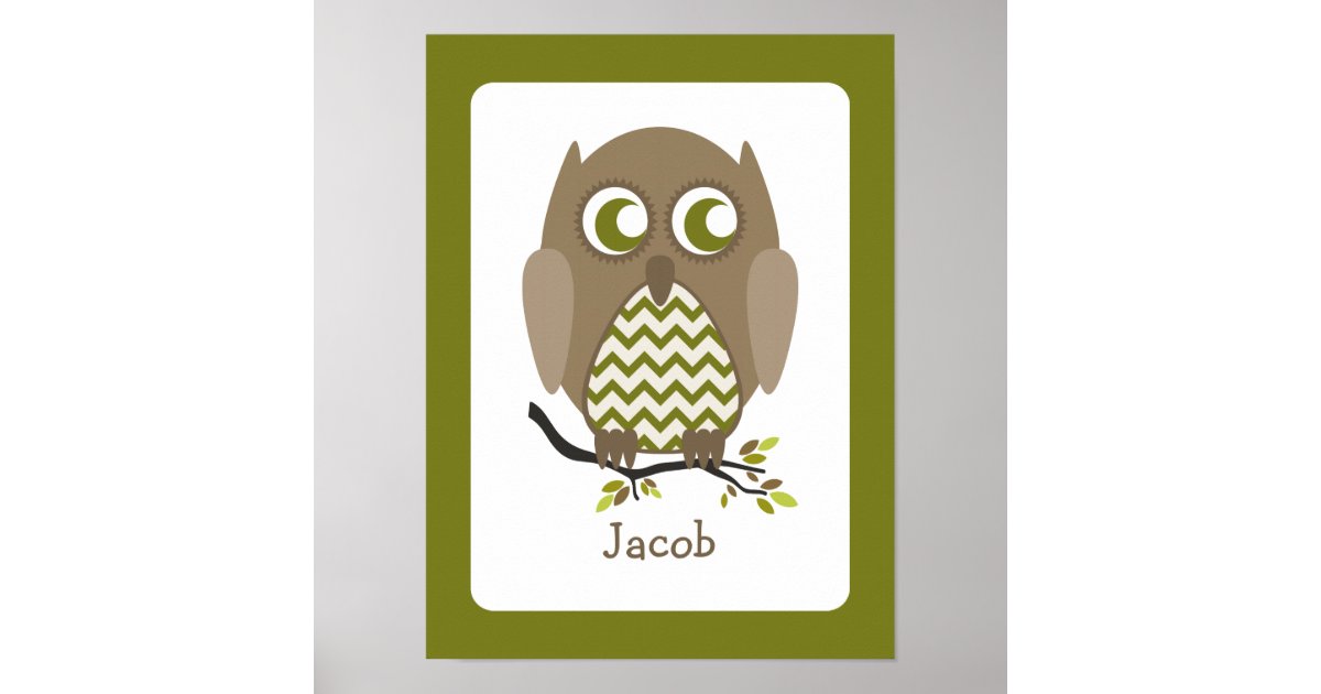 Brown Chevron Owl Personalized Nursery Artwork Poster | Zazzle