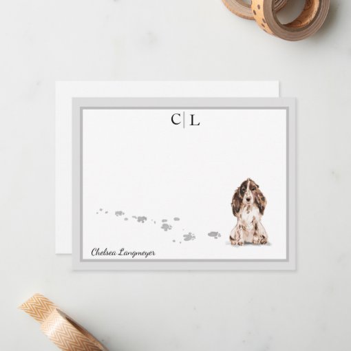 Brown Cocker Spaniel Dog Gray Border Monogram Name Note Card | Zazzle