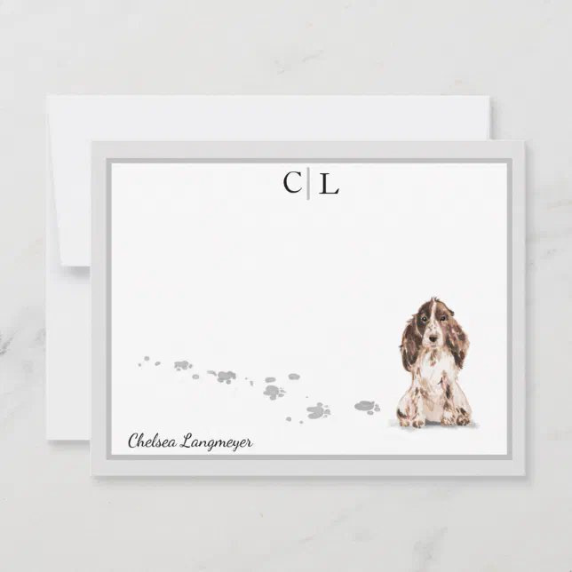 Brown Cocker Spaniel Dog Gray Border Monogram Name Note Card | Zazzle