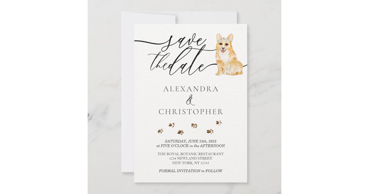 Brown Corgi puppy Wedding Calligraphy script Save The Date | Zazzle
