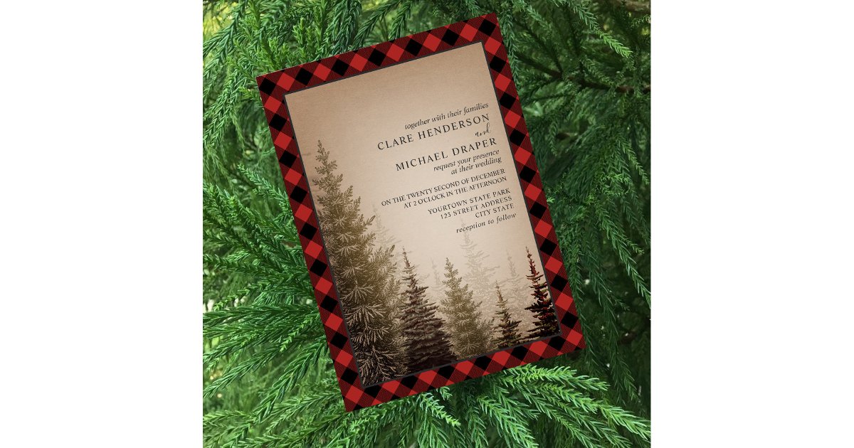 Brown Evergreen Tree Rustic Plaid Wedding Invitation | Zazzle