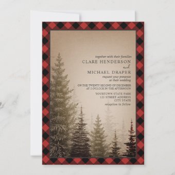 Brown Evergreen Tree Rustic Plaid Wedding Invitation | Zazzle