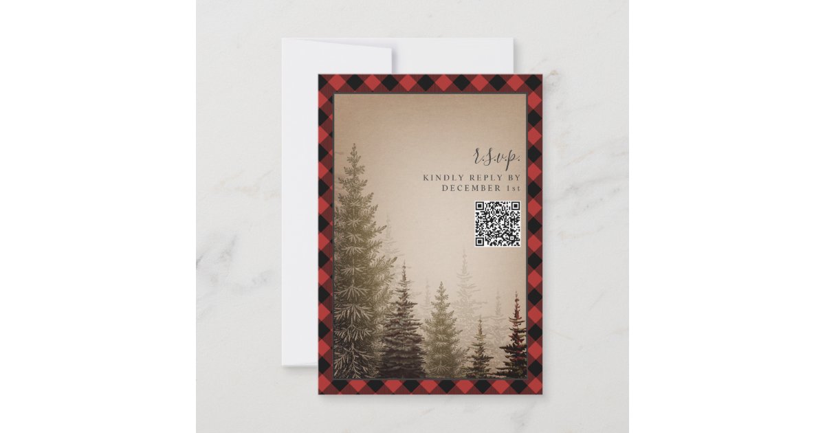 Brown Evergreen Tree Rustic Plaid Wedding QR Code RSVP Card | Zazzle
