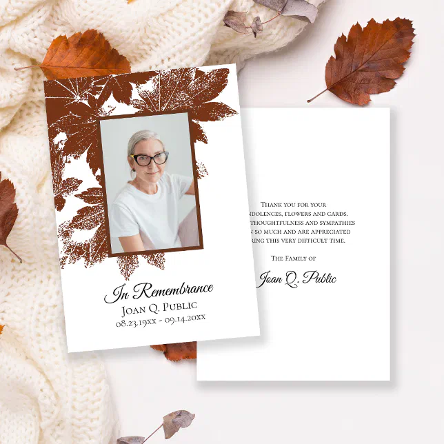 Brown Fall Leaves Funeral Memorial Sympathy Thank You Card | Zazzle