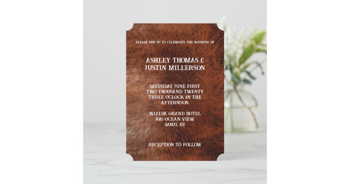 Brown Faux Leather Wedding Invitation | Zazzle