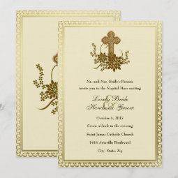 Brown Floral Cross Catholic Wedding Invitation | Zazzle
