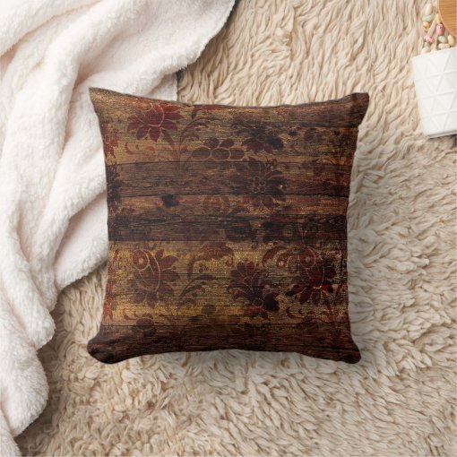 Brown Floral Rustic Wood Throw Pillow | Zazzle