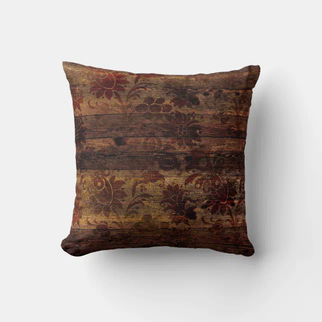 Brown Floral Rustic Wood Throw Pillow | Zazzle