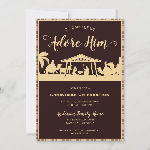 Brown & Gold Nativity Religious Christmas Party Invitation | Zazzle
