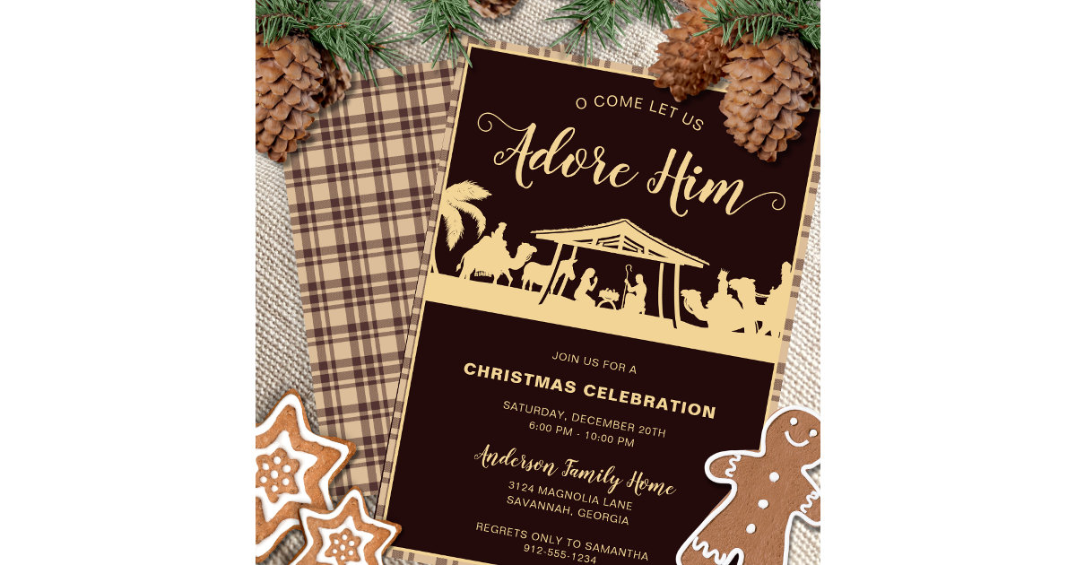 Brown & Gold Nativity Religious Christmas Party Invitation | Zazzle