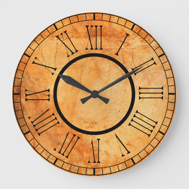 Brown golden terracotta brick wall roman numbers large clock | Zazzle