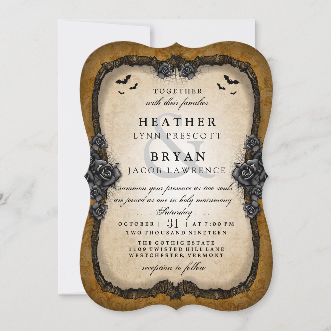 Brown Gothic Bats Halloween Wedding RECEPTION Back Invitation | Zazzle