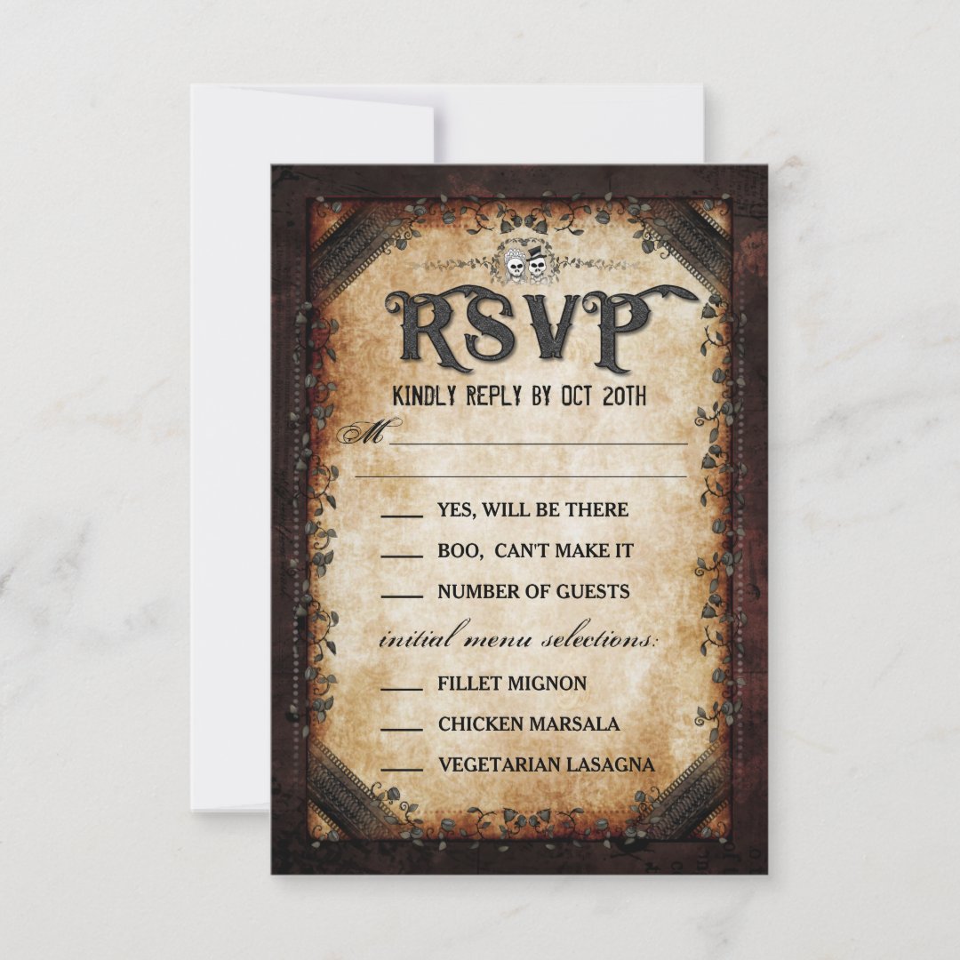 Brown Gothic Halloween Skeleton Matching MENU RSVP Invitation | Zazzle