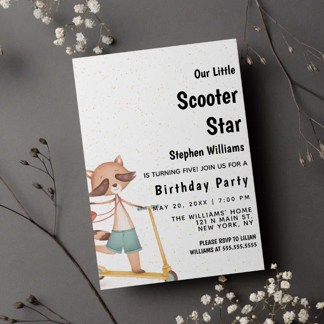 Brown green gold racoon scooter Birthday Party Invitation | Zazzle