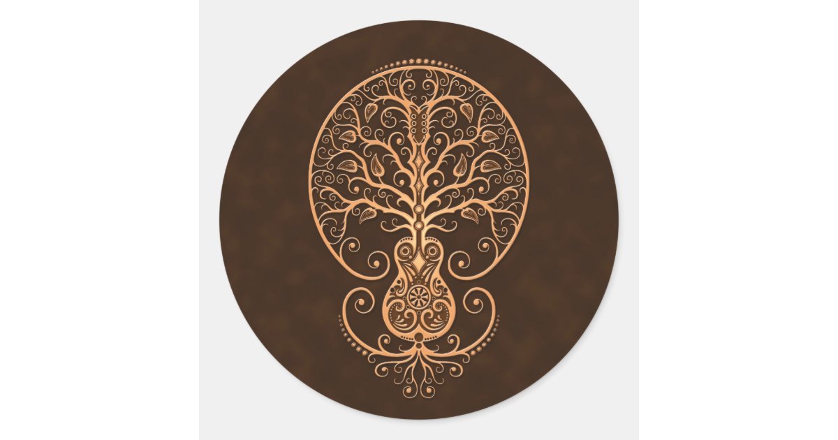 Brown Guitar Tree of Life Classic Round Sticker | Zazzle