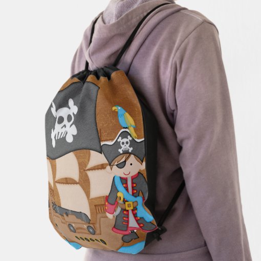 Brown Hair Boy Pirate and Ship Drawstring Bag | Zazzle