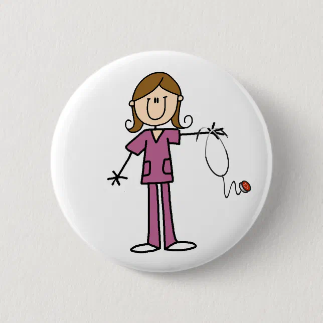Brown Hair Female Stick Figure Nurse Pinback Button | Zazzle