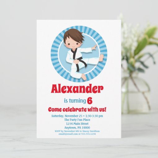 Brown Hair Karate Judo Boys Birthday Invitation | Zazzle