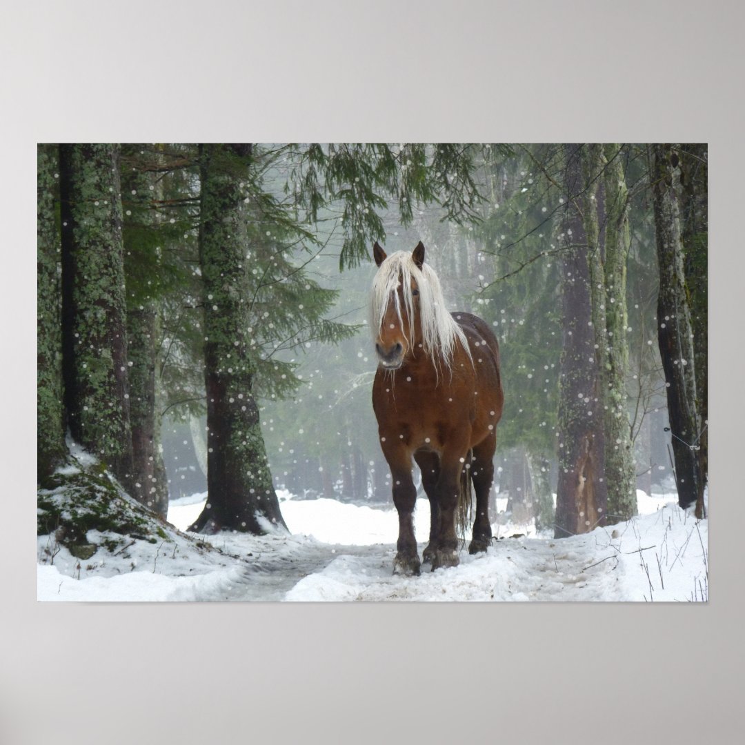 Brown Horse in a Winter Forest with Snow Falling Poster | Zazzle