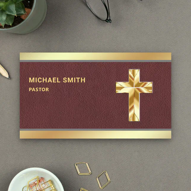 Brown Leather Gold Foil Jesus Christ Cross Pastor Business Card | Zazzle