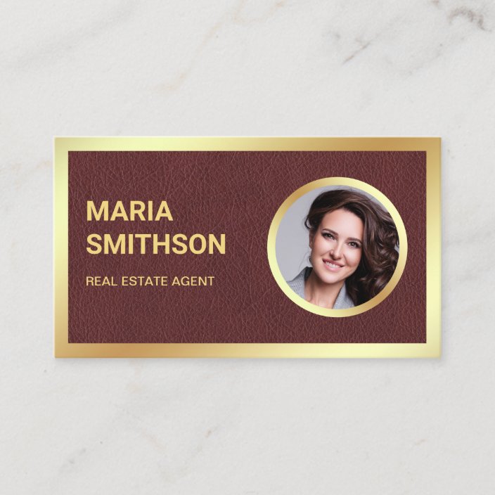 Brown Leather Gold Foil Photo Real Estate Agent Business Card | Zazzle.com