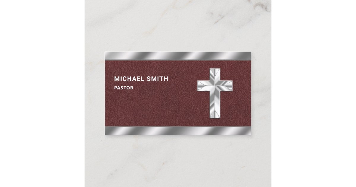 Brown Leather Metallic Jesus Christ Cross Pastor Business Card | Zazzle
