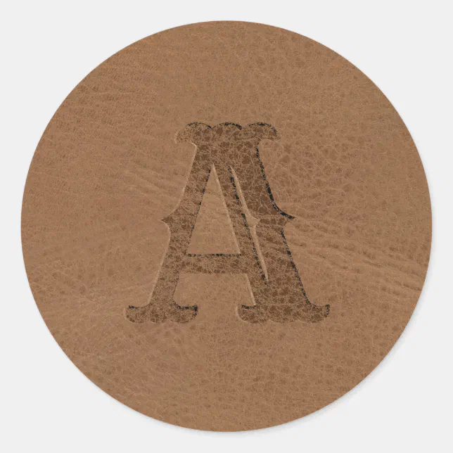 Brown Leather Texture Monogrammed Initial Classic Round Sticker | Zazzle