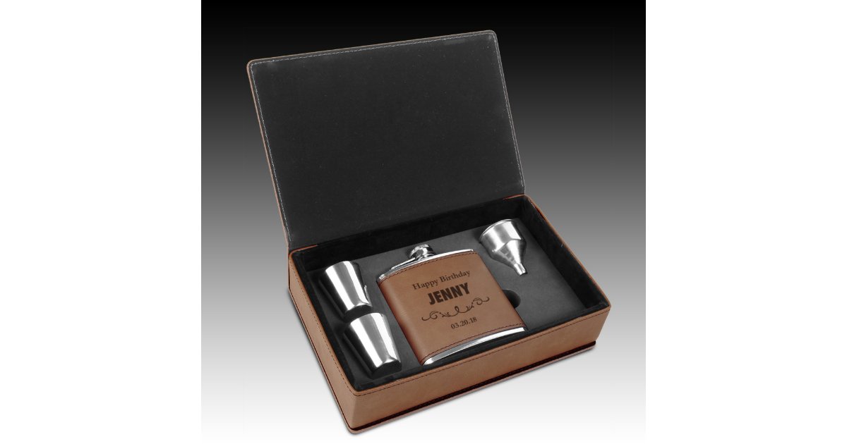Brown Leatherette Engraved Flask Gift Set | Zazzle