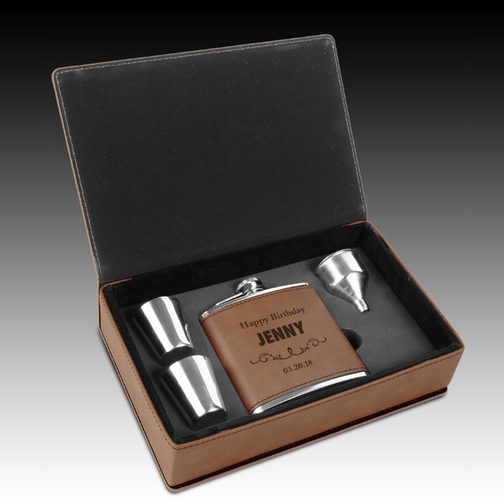 Brown Leatherette Engraved Flask Gift Set | Zazzle