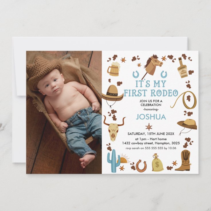 Brown My First Rodeo Cowboy Photo 1st Birthday Invitation | Zazzle