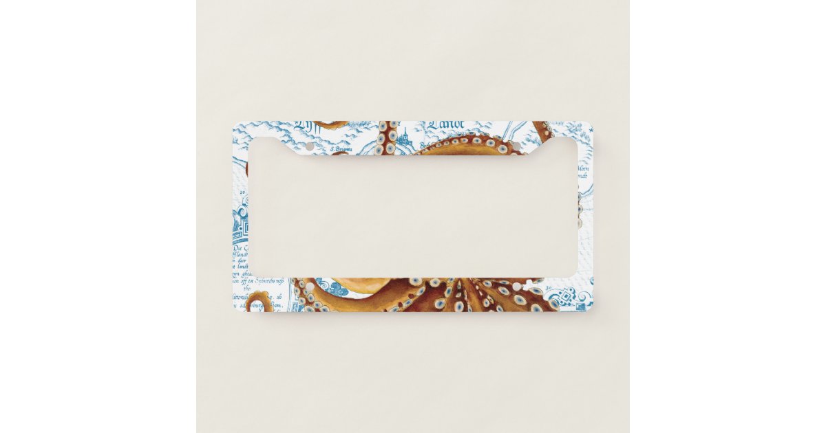 Brown Octopus Blue Vintage Map License Plate Frame | Zazzle
