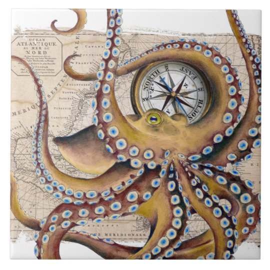 Brown Octopus Vintage Map Compass Ceramic Tile | Zazzle.com