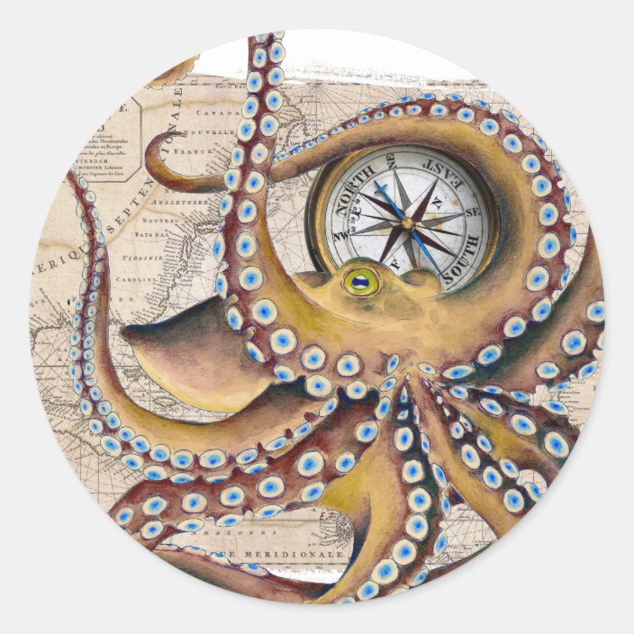 Brown Octopus Vintage Map Compass Classic Round Sticker | Zazzle.com