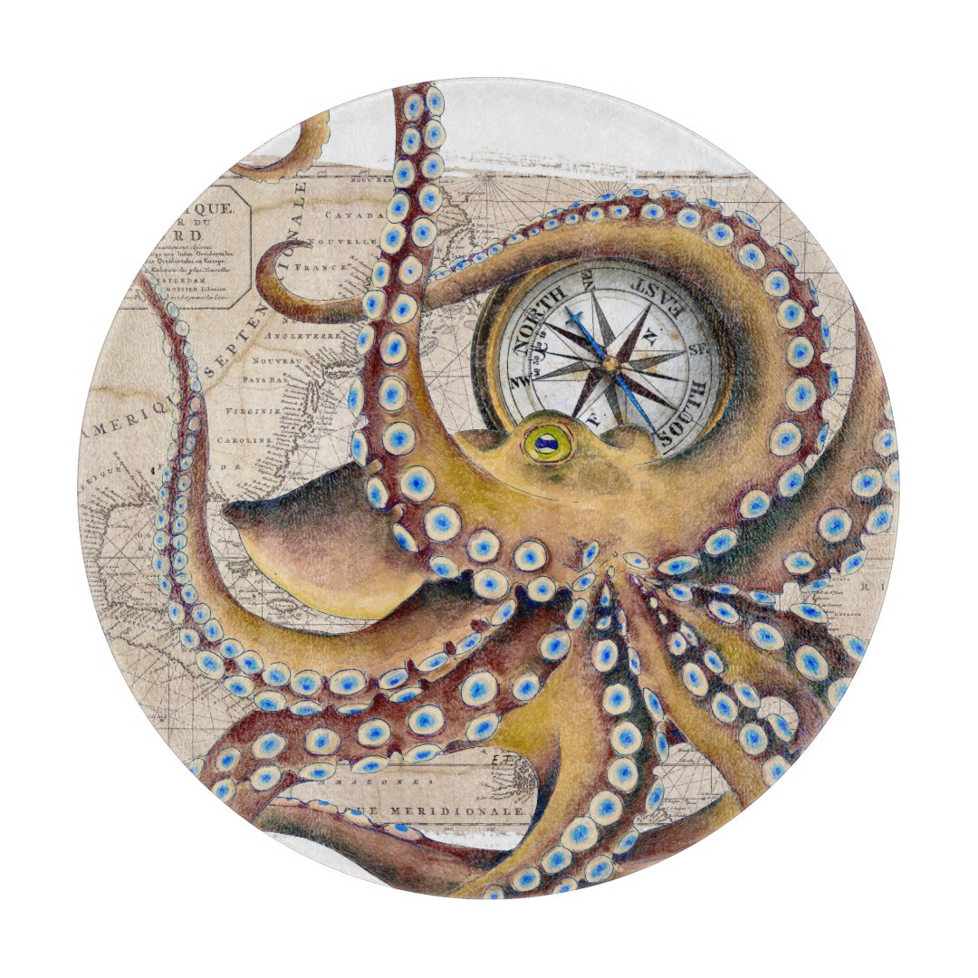 Brown Octopus Vintage Map Compass Cutting Board | Zazzle