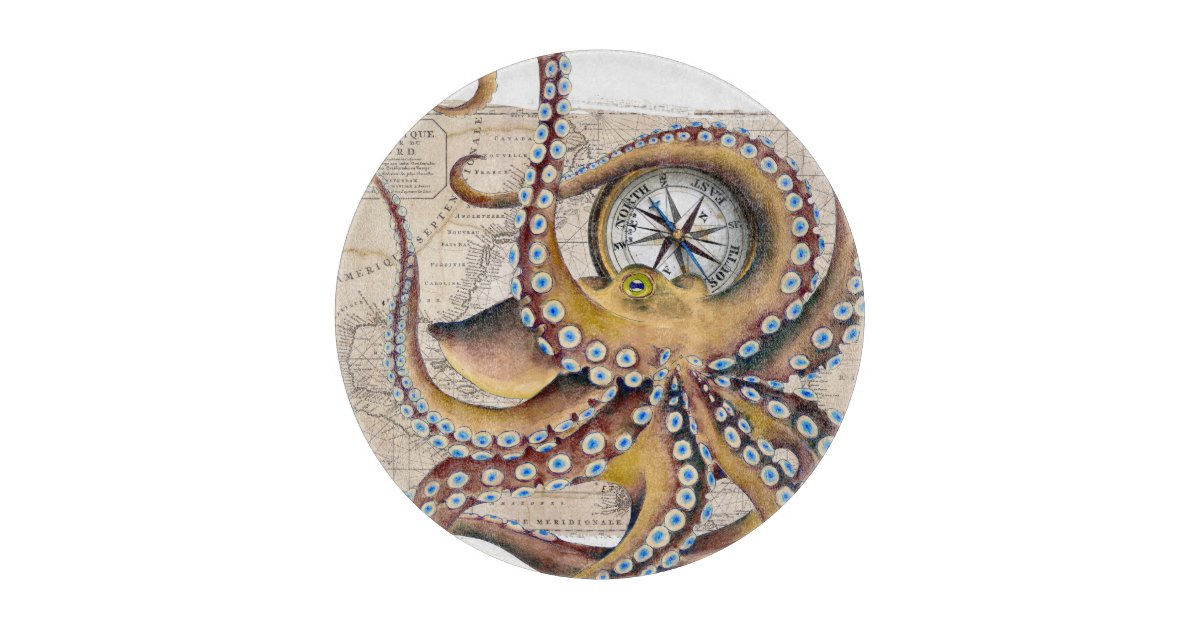 Brown Octopus Vintage Map Compass Cutting Board | Zazzle