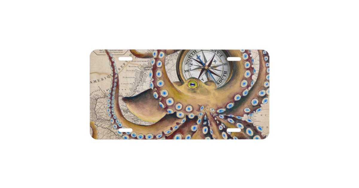 Brown Octopus Vintage Map Compass License Plate | Zazzle
